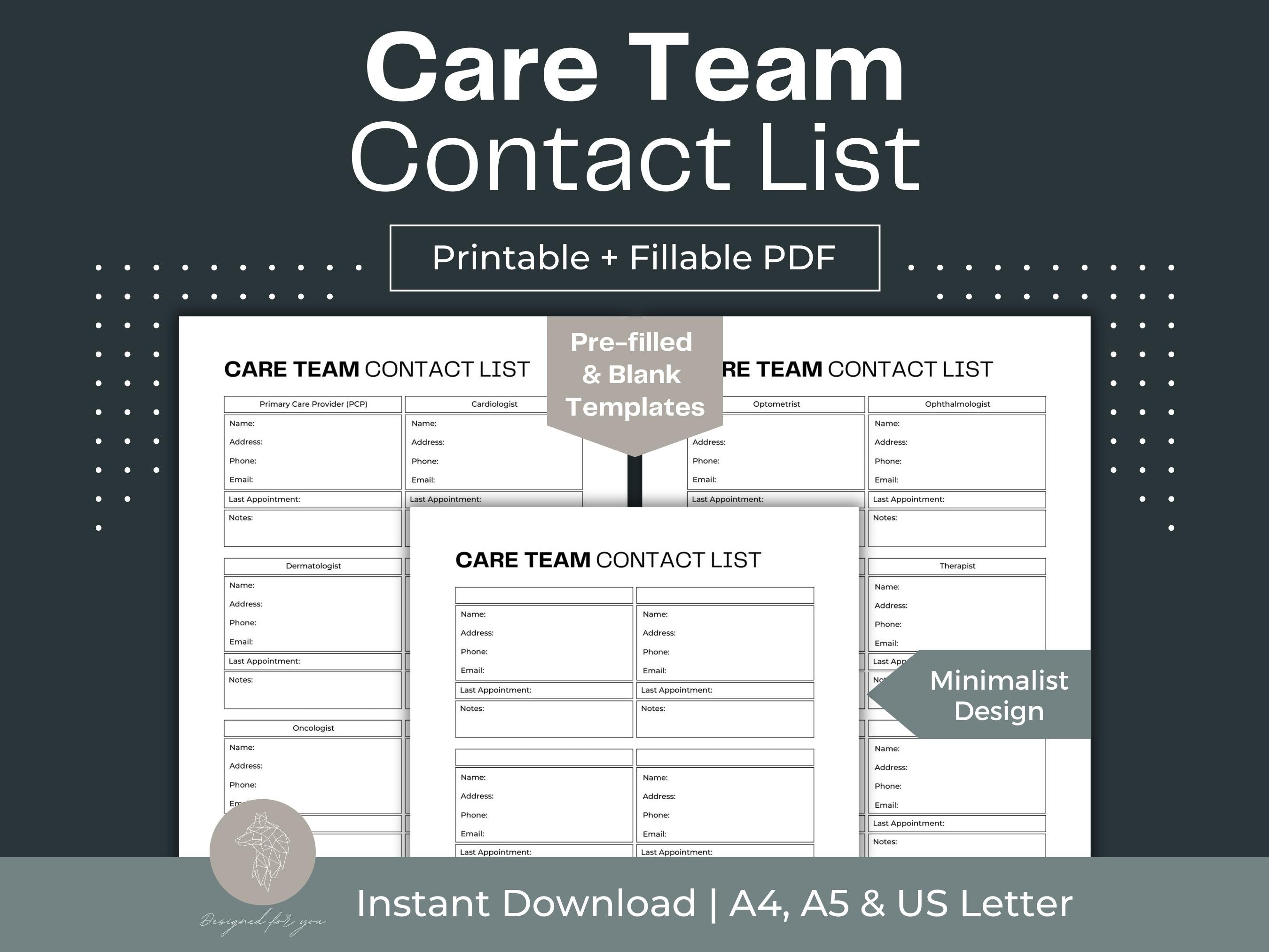 Care Team Contact List | Medical Information | Emergency Contact List ...