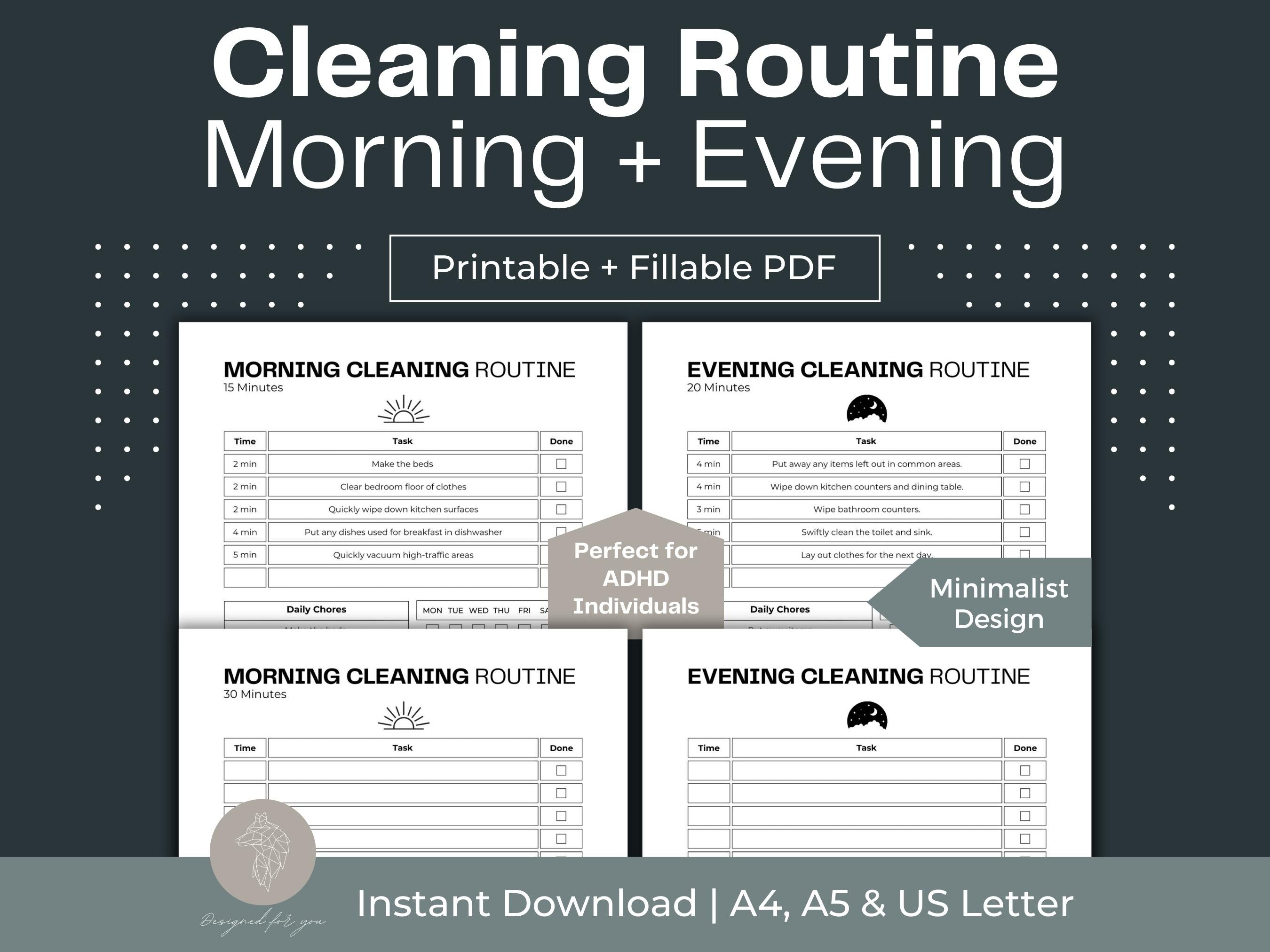 Cleaning Routine | Morning + Evening Cleaning Schedule Printable ...