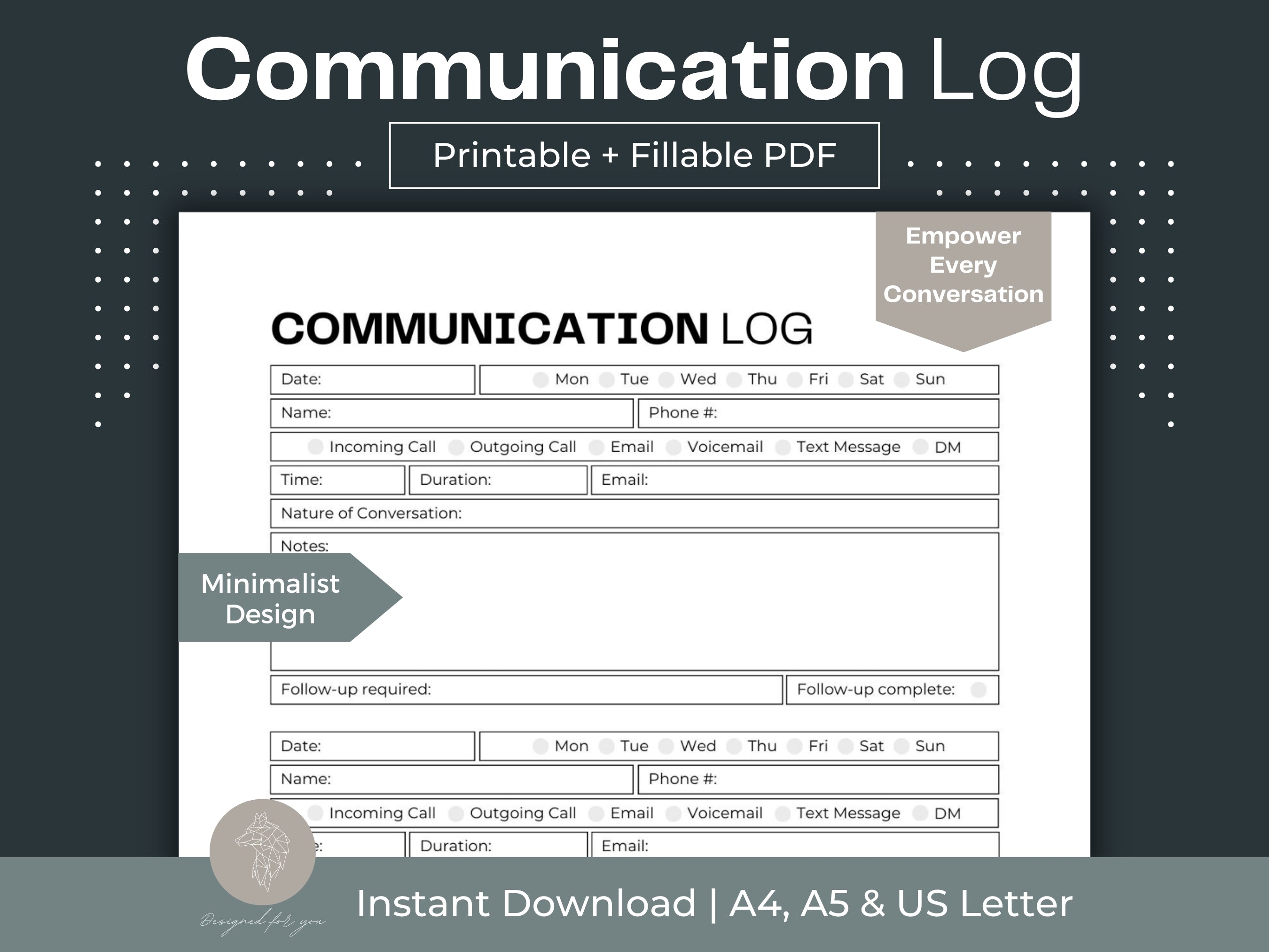 Communication Log | Printable Call Tracker | Small Business Notes ...