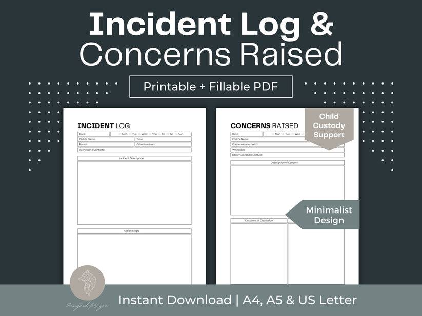 Incident Log | Concerns Raised Template | Child Custody Planner ...